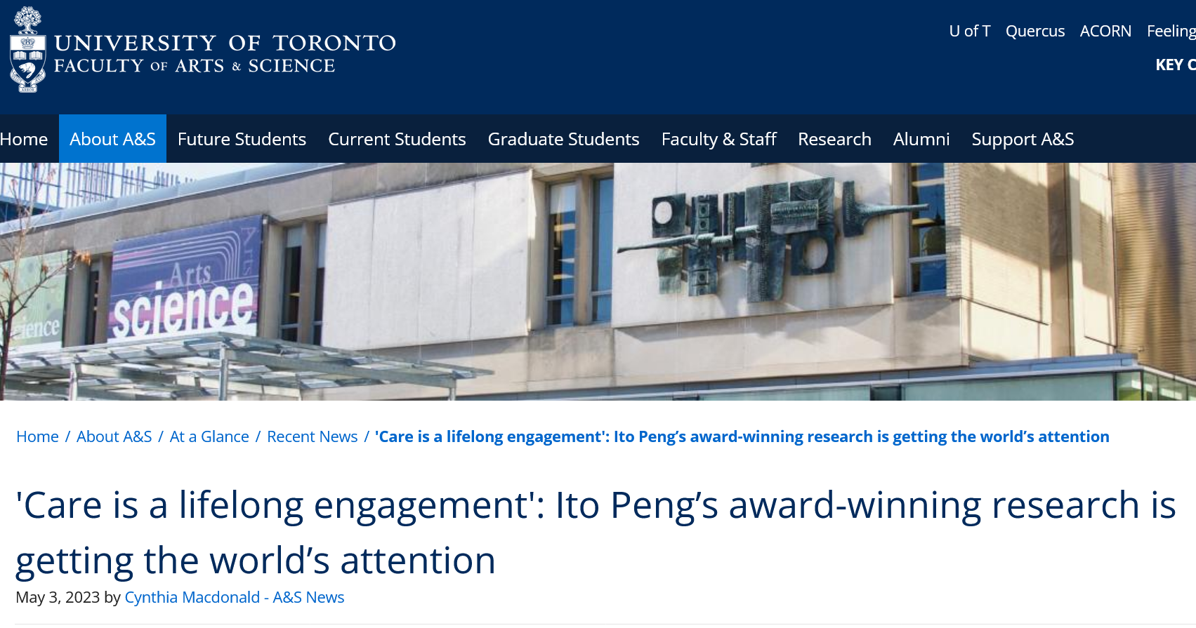 'Care is a lifelong engagement': Faculty of Arts and Science profiles ...